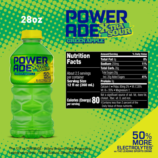 POWERADE XTRA SOUR Green Apple Electrolyte Sports Drink Bottle, 28 fl ...
